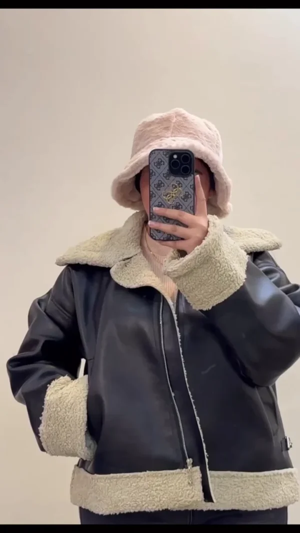 New Trendy Streetwear Leather Jacket with Contrast Fleece Detailing and ...